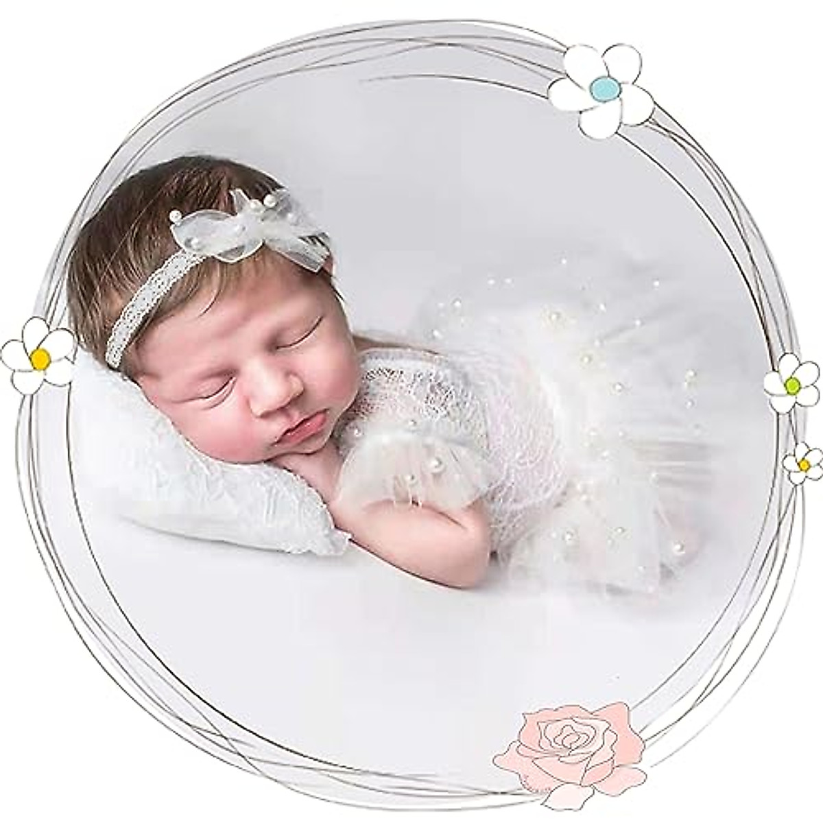 BLUETOP 3 Pcs Newborn Photography Props Set Lace Newborn Photography Outfits Baby Girl Photoshoot Outfits Cute Pearl Lace Rompers Newborn Photoshoot Props with Pearl Headband Tutu Skirt