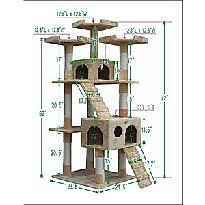 Go Pet Club 72" Premium Cat Tree Kitty Tower Kitten Condo for Indoor Cats with Scratching Posts, Condos, Ladders, Soft Perches, and Hanging Toy Cat Activity Center Furniture, Beige