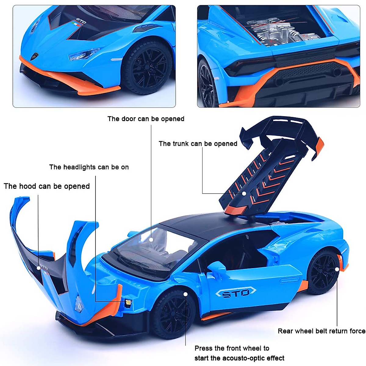 1:24 Alloy Diecast Car Model for Lamborghini Huracan STO 2021 Toy Car, Pull Back Vehicles Model Cars Toy for Kids 3 to 12 Years Old Gift Adult Collection Car Model with Light & Sound (Vibrant Blue)