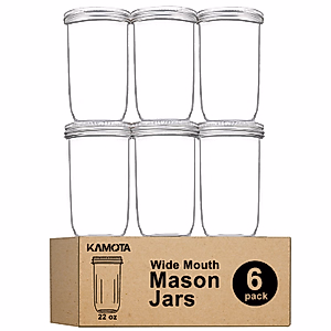 KAMOTA Wide Mouth Mason Jars 22 oz With Wide Mouth Lids and Bands, Ideal for Jam, Honey, Wedding Favors, Shower Favors, Baby Foods, 6 PACK, Extra 6 Silver Lids with Straw Hole Included…