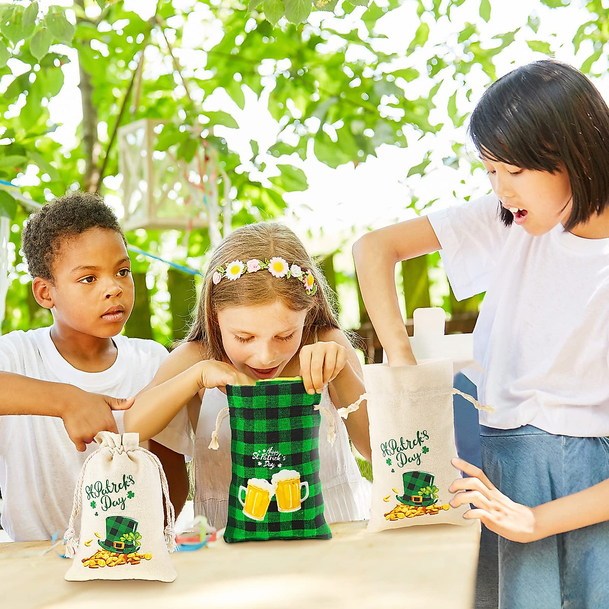 20 Pieces St Patrick's Day Party Favor Bags with Drawstring 4 x 6 Inches Lucky Shamrock Cotton Candy Pouch Sacks Irish Gift Plaid Treat Bag with 20 Tags for Saint Patrick's Day Irish Party Supplies