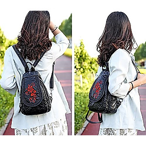 NIGEDU Vintage Embroidered Women Backpacks Soft PU Leather Backpack Purse Small Female Travel Bag High Capacity Black Chest Packs (Red Flower)