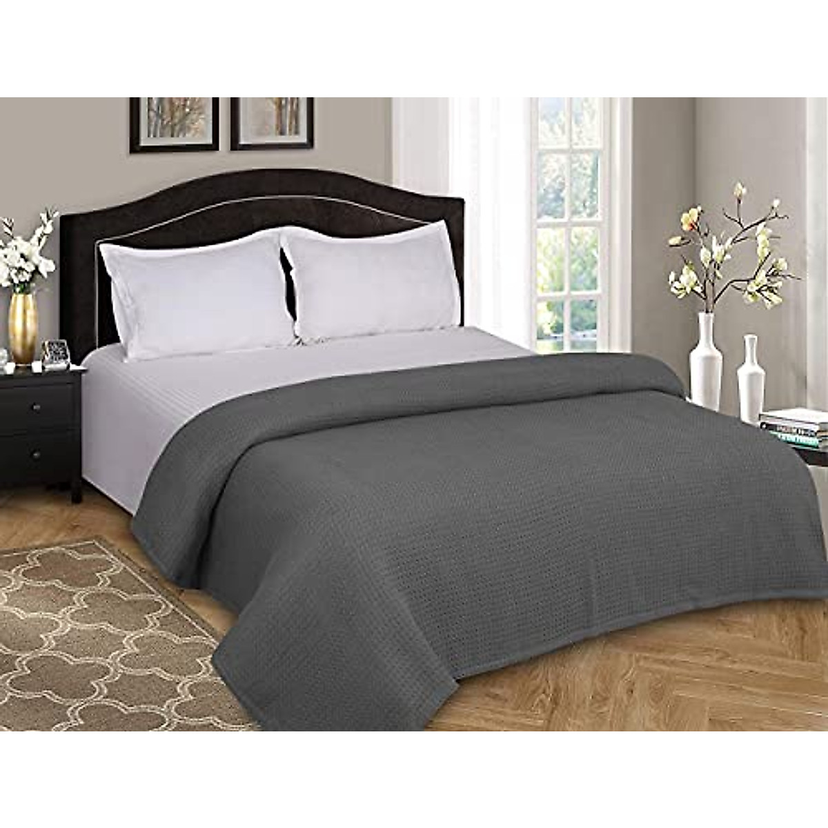 Elvana Home 100% Cotton Bed Blanket, Breathable Bed Blanket King Size, Cotton Thermal Blankets King, Perfect for Layering Any Bed for All Season, Charcoal Grey