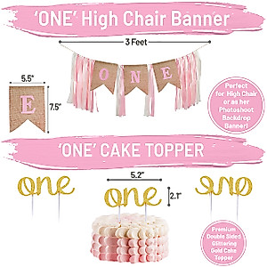 Baby Girl First Birthday Decorations - 1st Birthday Girl Decoration Pink Gold Party Supplies - Happy First Birthday Banner, Number 1 Balloon and Crown, Balloon Arch, High Chair Banner, ONE Cake Topper