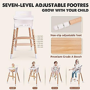 Baby High Chair, Wooden High Chairs for Babies & Toddlers, Highchair with Adjustable Footrest, Removable Tray, Ergonomic Seat Back, Easy to Assemble & Clean, 6 Months to 10 Years Old, White