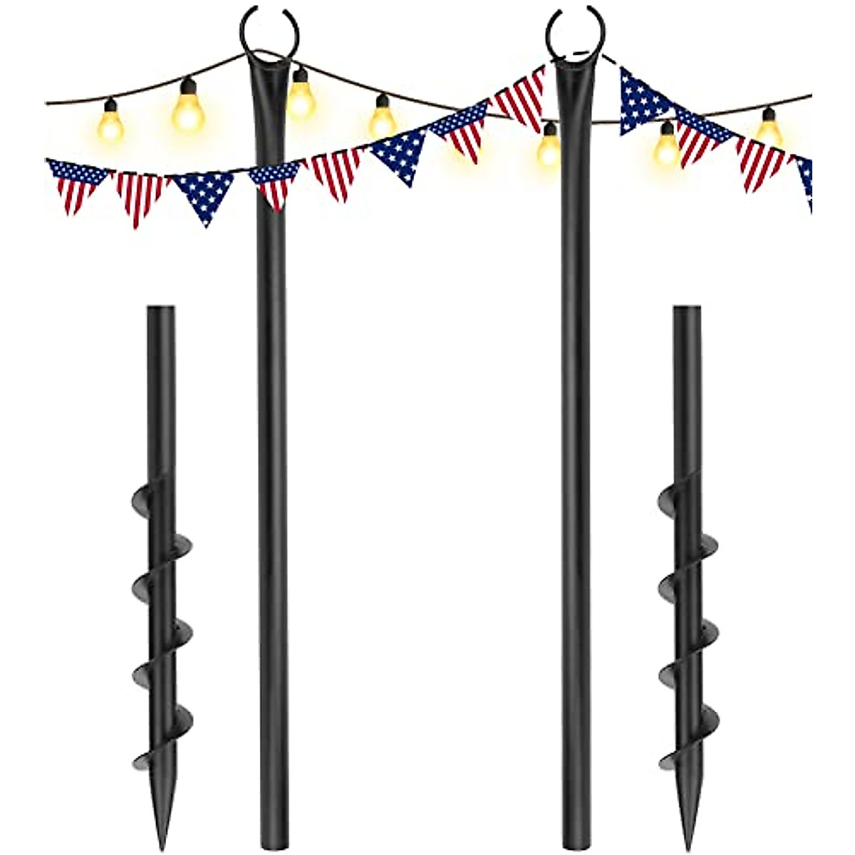 String Light Poles for Outside - 2 Pack Outdoor Patio Light Poles for Hanging String Lights, Patented Spiral Ground Anchor, Metal Backyard Garden Light Posts for Party Wedding Decorations