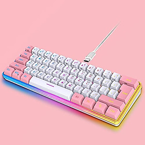 Snpurdiri 60% Wired Gaming Keyboard, True RGB Backlit Ultra-Compact Mini 61 Keys Keyboard for PC/Mac Gamer, Typist, Travel, Easy to Carry on Business Trip(Pink-White)