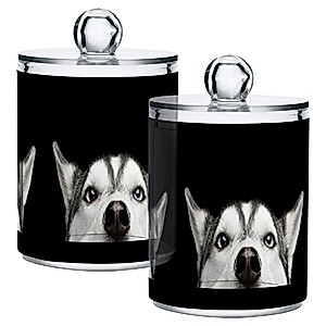 2 Pack Qtip Holder Dispenser Husky Dog Look Apothecary Jars with Lids Dog Plastic Acrylic Bathroom Vanity Countertop Canister Storage Organizer for Cotton Ball,Swabs,Pads,Floss