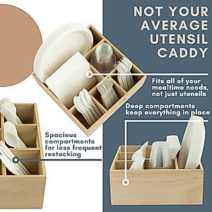 Large Wooden Silverware Caddy For Party, Holds Plates, Napkins, Cups, Forks, Spoons, and Knives, Utensil Holder for Party, Hosting Essentials, Cutlery Holder for Party, Flatware Caddy, Utensil Caddy