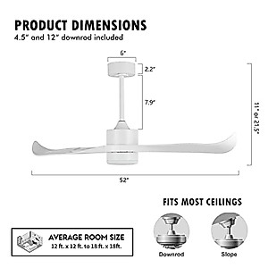 WINGBO 52" DC Ceiling Fan with Lights and Remote, White Ceiling Fan, 2 Curved ABS Blades, 6-Speed Reversible DC Motor, Modern Ceiling Fan for Kitchen Bedroom Living Room, ETL Listed