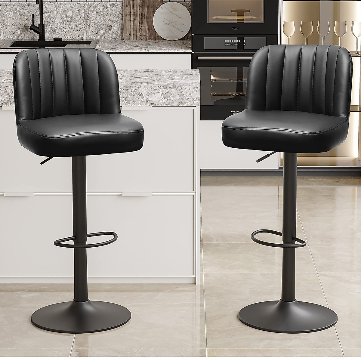 DICTAC Leather Bar Stools Set of 2, Black Barstools Bar Height Set of 2, Swivel Counter Height Bar Stools, Adjustable Bar Chairs for Kitchen, Capacity 400lbs