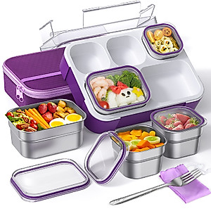 Lunch Box Stainless Steel Bento Box with Lunch Bag & Fork, Leakproof Bento Lunch Box for Adults Kids Bento-Style School Lunch Box 5 Compartments Lunch Containers, BPA-Free, Dishwasher Safe (Purple)