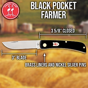 KISSING CRANE Black Pocket Farmer Knife | 3" Stainless Steel Blade | Synthetic Handle | Brass Liners | 3 5/8" Closed