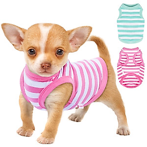 Frienperro Dog Shirt, 2-Pack Dog Clothes for Small Dogs Girl, Breathable Cotton Striped Chihuahua Clothes Boy, Sleeveless Small Pet Puppy Clothes Outfit Cat Tank Top Vest,Green & Pink XS