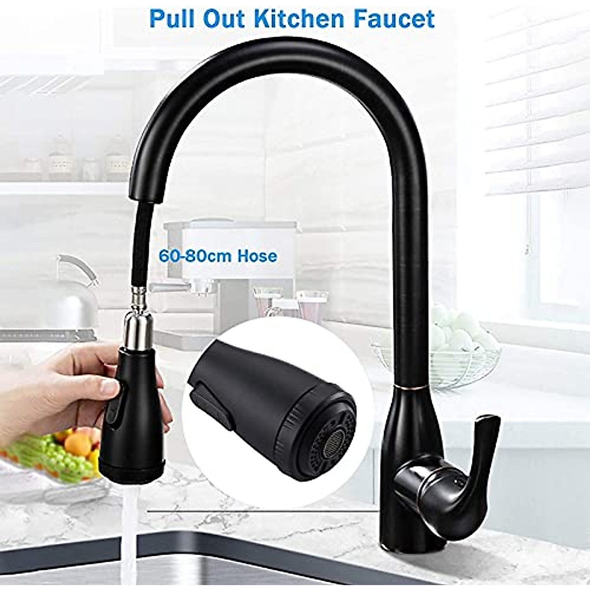 Kitchen Sink Tap Stainless Steel Pull Out Kitchen Mixer Taps 360° Swivel Kitchen Faucet Single Handle Sink Mixer Faucet with 4 Water Outlet Function,Black