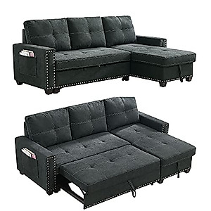 Evedy Upholstery Sleeper Sectional Sofa with Storage Chaise-Pull Out Couch Bed Reversible SofaBed for Living Room Furniture Set, Silver Rivets on Both Hands, a-Black