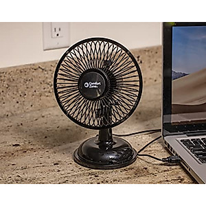 Comfort Zone CZ5USBBK 5” 2-Speed Dual Base USB or Battery-Operated Desk Fan, 360-Degree Adjustable Angle, LED Power Indicator Light, Black