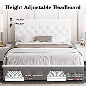 Queen Bed Frame with Storage and Adjustable Headboard, Bed Frame with 4 Drawers and Wooden Slats Support, No Box Spring Needed, PU, White