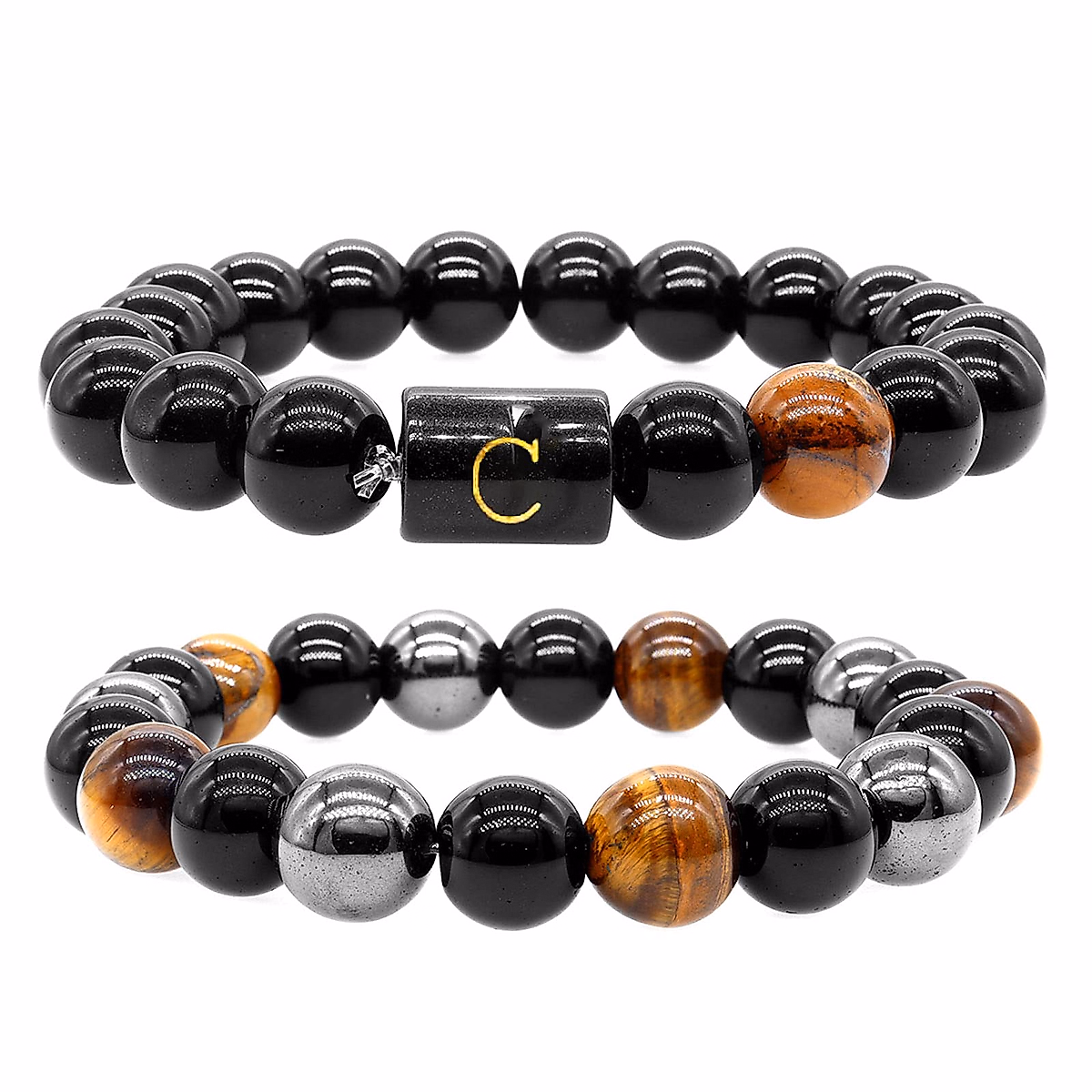 CJIAYUJEW 10mm Mens Beaded Bracelets, Initial Letter Triple Protection Bracelets for Women, Natural Tiger Eye Black Obsidian Hematite Beads Elastic Bracelets (C)