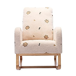 Setawix Rocking Chair for Nursery, Midcentury Modern Accent Rocker Armchair with Side Pocket, Upholstered High Back Wooden Rocking Chair for Living Room Baby Room Bedroom（Beige Bear）