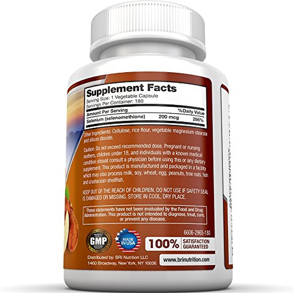 BRI Nutrition Selenium - Natural Antioxidant Supplements Helps to Fortify Immune System, Maintain Heart Health & Combat Free Radical Damage - 200mcg, 180 Vegetable Cellulose Capsules