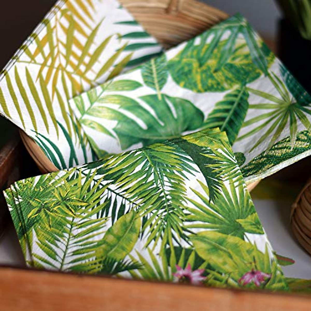 The Palm Leaf Napkins, 3 Packs of 20, 3 Ply Paper, Luncheon Size 6 3/4 x 6 3/4 Inches, 3 Vibrant Patterns: Palms and Leaves, Palm Fronds and Green Leaf and Purple Blossoms
