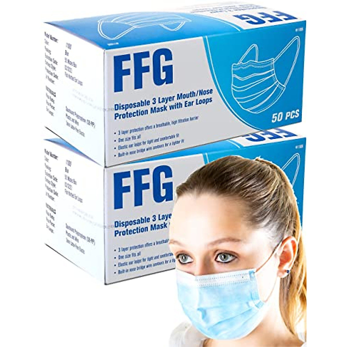 100 PCS (2-Box) 3-PLY Blue Disposable Safety Earloop Face Masks for Adults,High Ventilation 3-Layer(1xMelt-Blown,2xNon-Woven,Single General Use at Home/Office/School