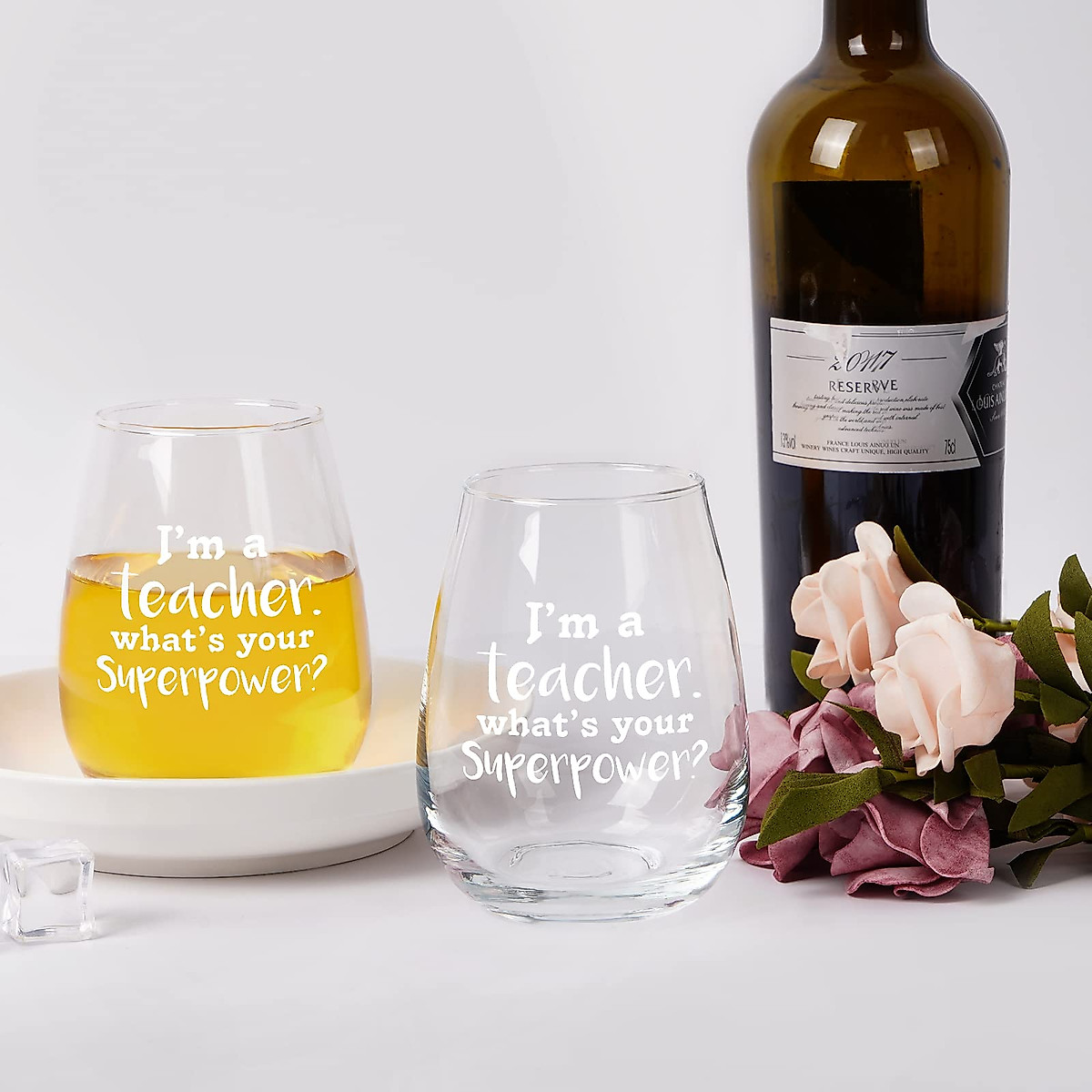 Gtmileo Teacher Gift - Funny I'm a Teacher What's Your Superpower Stemless Wine Glass, Teacher's Day Gift for Teacher, Tutor, Professor, Appreciation Gift, Thanks Gift for Birthday, Christmas, 15Oz