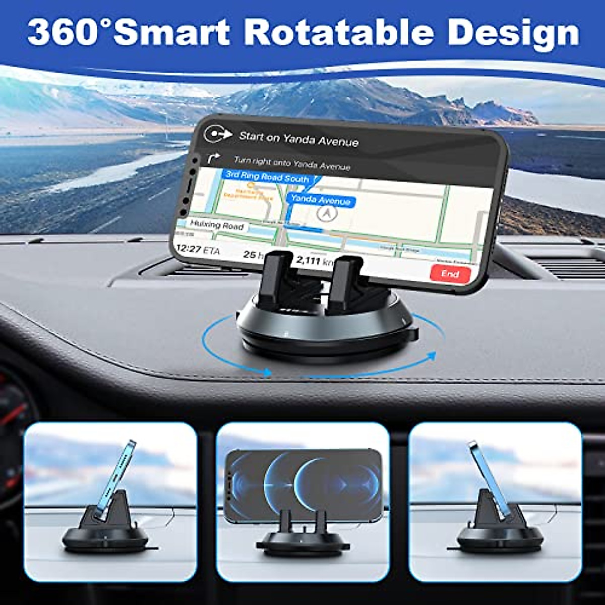 MEIDI [Double Suction] Dashboard Phone Holder, Car Phone Holder Mount, Removable Car Cell Phone Cradle, Rotatable Desk Phone Holder for Car, Compatible with All Smart Phones (Black)