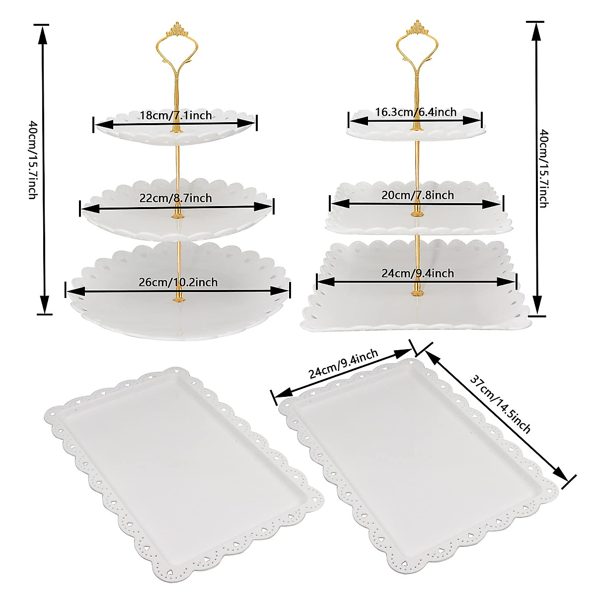 4 Pieces Plastic Cake Stand Set with 2pcs Large 3-Tier Cupcake Stands + 2pcs Appetizer Trays Perfect for Wedding Birthday Baby Shower Tea Party (White)