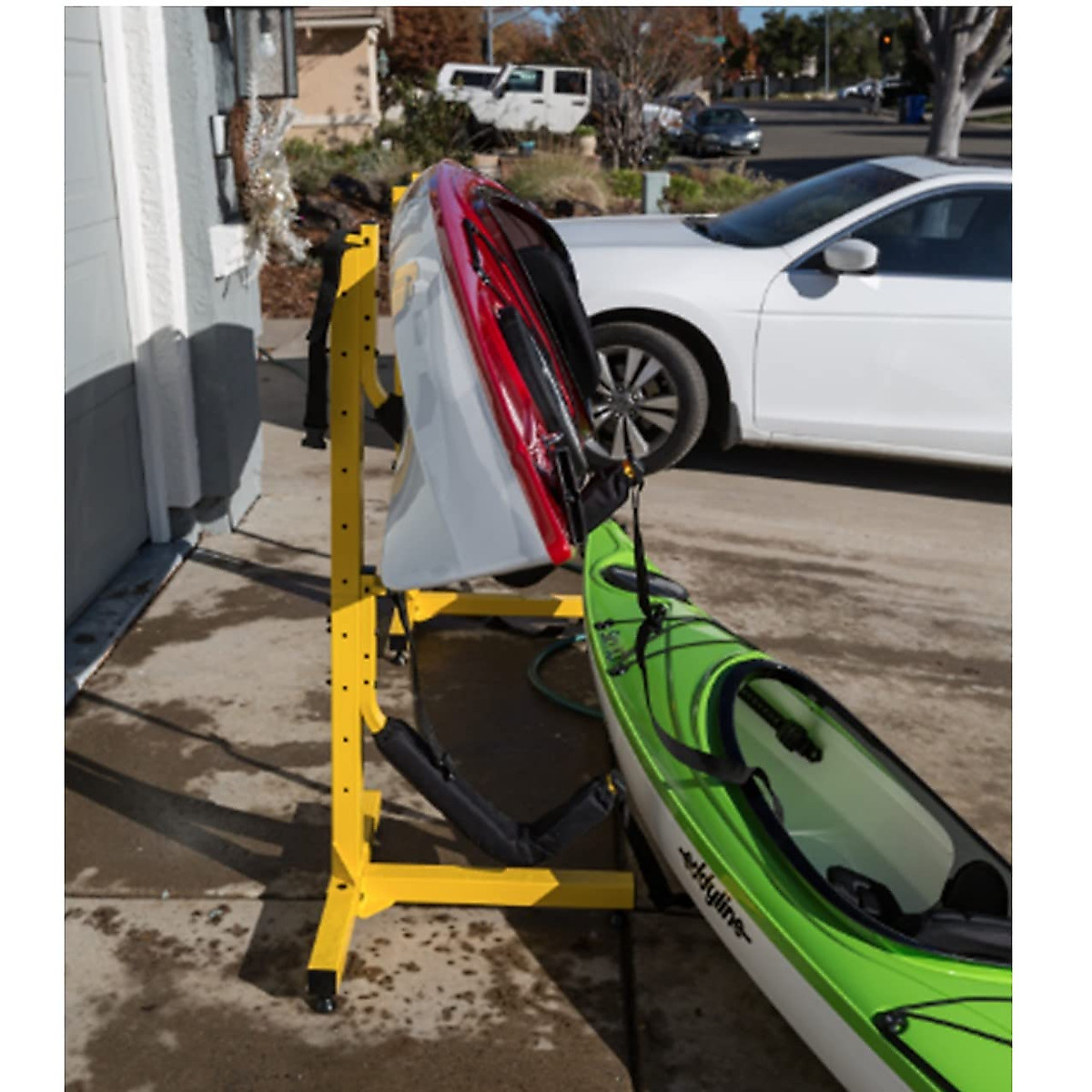 Suspenz Kayak Storage Rack, 2-Boat EZ Rack for Kayak, Canoe, SUP (T-Base/1 Box) Indoor/Outdoor Kayak Hangers Hooks, Yellow, 48" x 24" (12-9902)