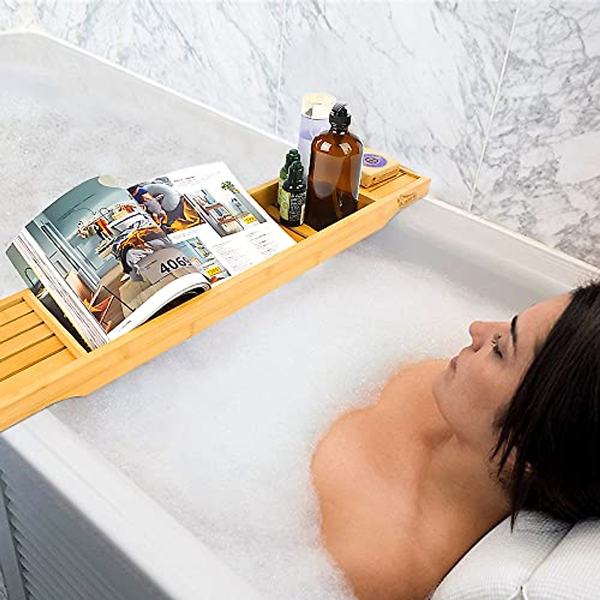 Bamboo Bathtub Organizer Bathroom Caddy Organizer Non Slip Bath Serving Table Tray for Wine Glass Books Shampoo Soap Razors (Original)