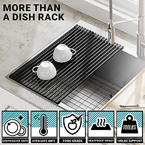 TRUSTAINLESS Combo Pack - Premium Multipurpose Black Silicone Extra Large 21 Inch Rolling Sink Rack and Drying Mat. Multipurpose Kitchen Accessory and Trivet