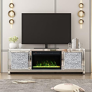 ENENE Mirrored TV Stand with Fireplace-10 Colors Changing Crystal Electric Fireplace tv Stand for 65 inch TV Electric Fireplace Entertainment Center for Living Room (Remote Control & 3D Flame)