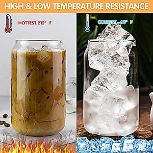 BESTBEL 4 Pack Drinking Glasses with Bamboo Lids and Glass Straws,20 OZ Can Shaped Glass Cups,Beer Can Glass,Ice Coffee Cups,Smoothie Cups,Glass Tumblers,Boba Cups,Soda Can Glass with Lids and Straws