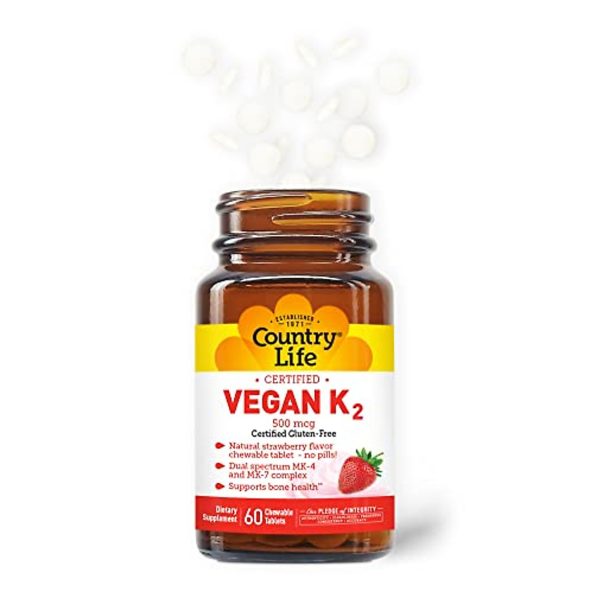 Country Life Certified Vegan K2 500 mcg - 60 Chewables - Strawberry Flavor - Dual Spectrum MK-4 and MK-7 Complex