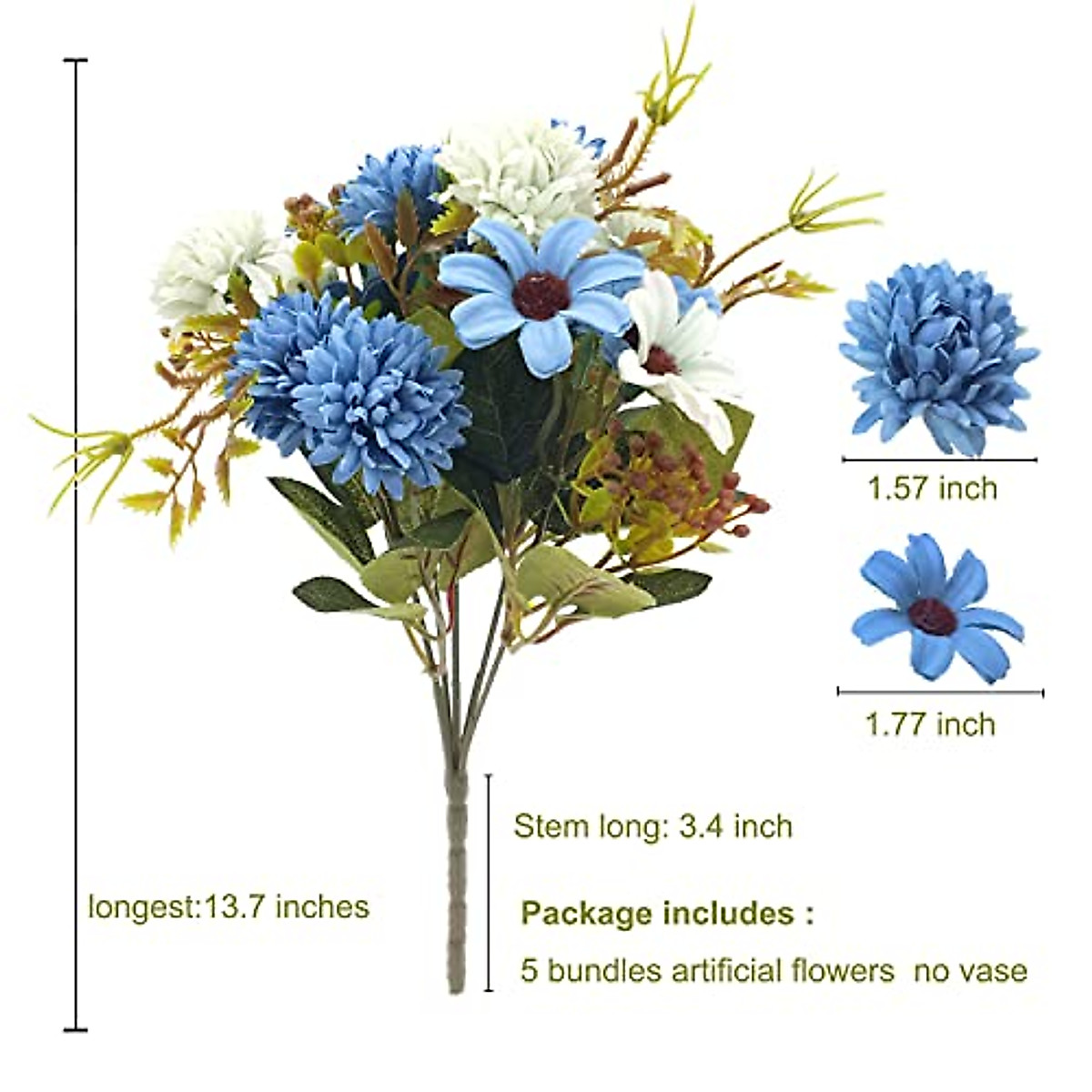 CORVYUC 5 Bundles Silk Artificial Flowers Fake Chrysanthemum Ball Faux Daisy Flower Bouquets Arrangements for Home Office Party Wedding Table Centerpieces Decor No Vase (Blue)