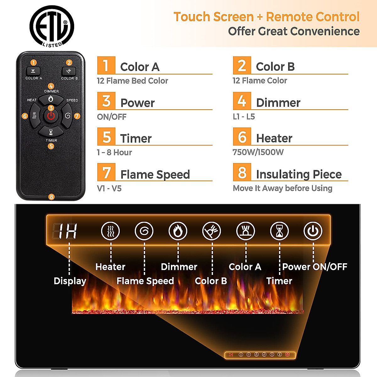 ORALNER Electric Fireplace 30 Inch, Recessed & Wall Mounted Fireplace Heater with 12 Flame Effects, 5 Brightness, Remote Control & 8H Timer, Overheating Protection, 750W/1500W, Black (30 Inches)