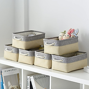 Jtirey Small Storage Baskets [10-Pack] Fabric Storage Bins 12"Lx 8"Wx 5"H Baskets for Shelves, Collapsible Clothes Baskets with Rope Handles for Organizing Dog Toys, Nursery Storage Basket (Grey&Gold)