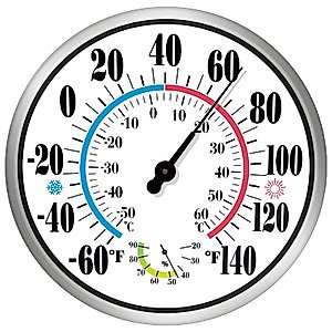 Indoor Outdoor Thermometer - Outdoor Thermometers for Patio Large Numbers 12Inch Weatherproof, Battery Free Auto Calibrate Thermometer Hygrometer with Stainless Steel Enclosure