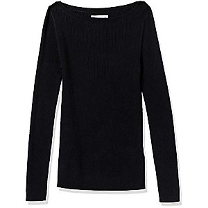 Amazon Essentials Women's Lightweight Ribbed Long-Sleeve Boat Neck Slim-Fit Sweater, Black, Small