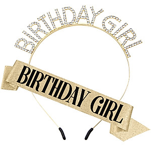 PQRUU Birthday Sash for Women Gold Birthday Girl Sash Glitter Birthday Sash and Tiara for Women Birthday Crowns for Women Happy Birthday Decorations Accessories Rhinestone Birthday Girl Headband