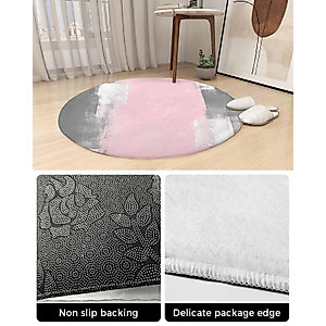 Contemporary Fluffy Round Area Rug Carpets 3.3ft, Plush Shaggy Carpet Soft Circular Rugs, Non-Slip Fuzzy Accent Floor Mat for Living Room Bedroom Nursery Pink Grey Abstract Minimalist Painting Art
