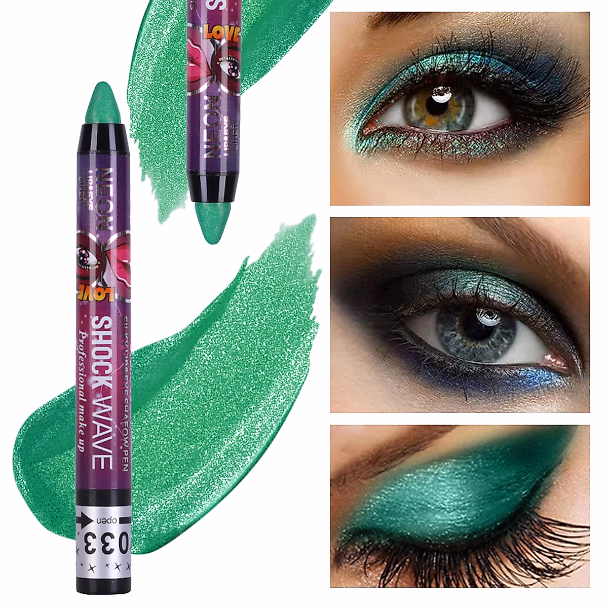 MEICOLY Green Eyeshadow Stick,Metallic Shimmer Crayon Green Eye Shadow Eye Makeup for Halloween,Waterproof & Long Lasting Shiny Bright Rotating Glitter Eyeshadow Sticks,2 Pcs