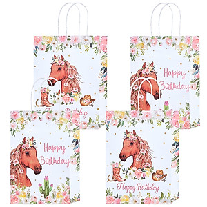 Fangleland 16pcs Horse Gift Bags For Party Favors, Pink Cowgirl Candy Bags for Horse Theme Party Decorations, Western Girl Paper Treat Bags for Birthday, Wedding Bridal Shower Party Supplies