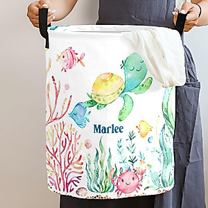 Under the Sea Turtle Jellyfish Personalized Laundry Basket Clothes Hamper with Handles Waterproof,Custom Collapsible Laundry Storage Baskets for Bedroom,Bathroom Decorative Large Capacity