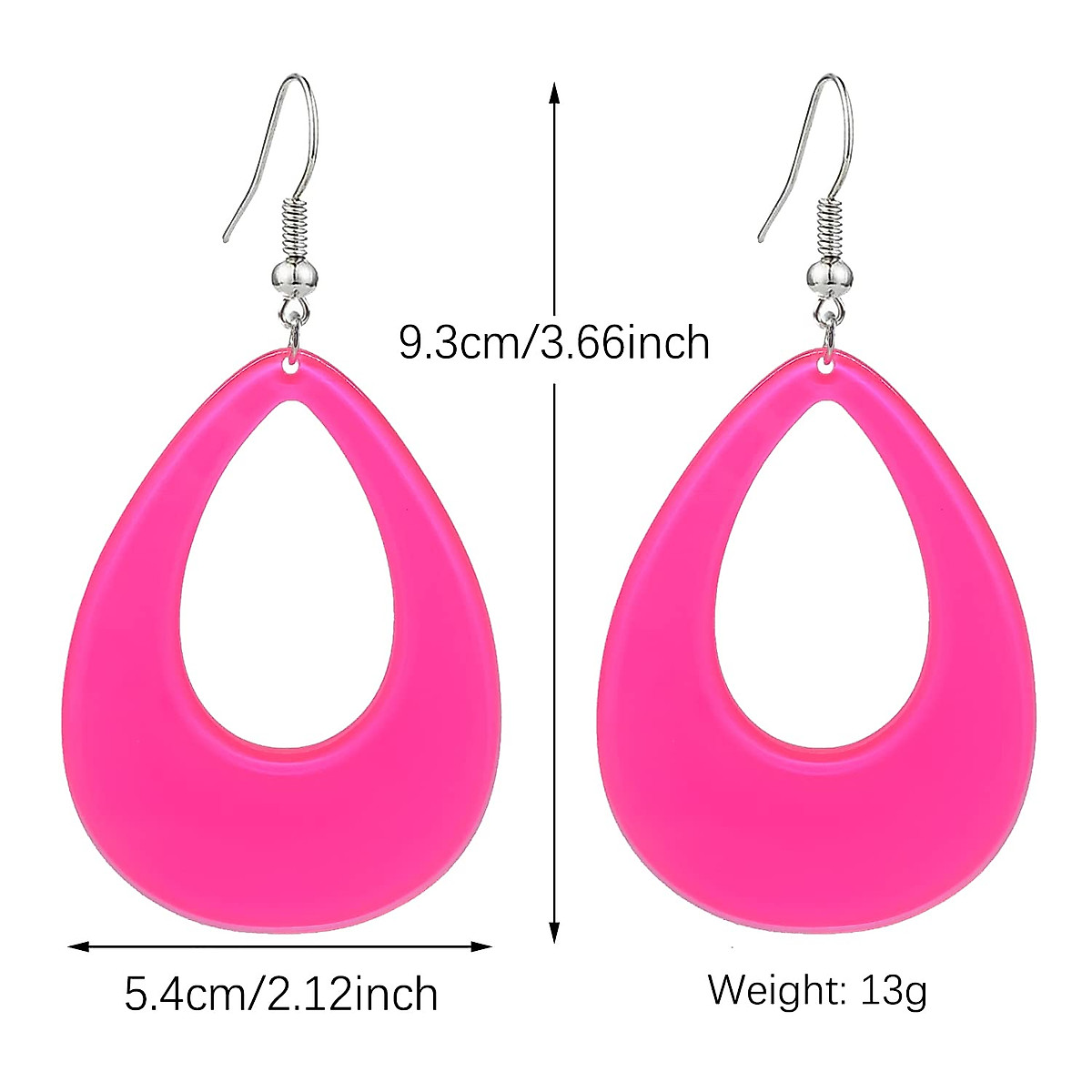 TIANHONGYAN 70s 80s Oval Resin Neon Dangle Earrings Retro Acrylic Drop Dangle for Women 80's Party Halloween Costume Accessory (pink)
