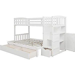 ATH-S Twin Over Full/Twin Stairway Bunk Bed with Storage Shelves and Drawers Wood Convertible Bottom Bed Bedroom Furniture for Adults, No Spring Box Needed,White (Color : White)