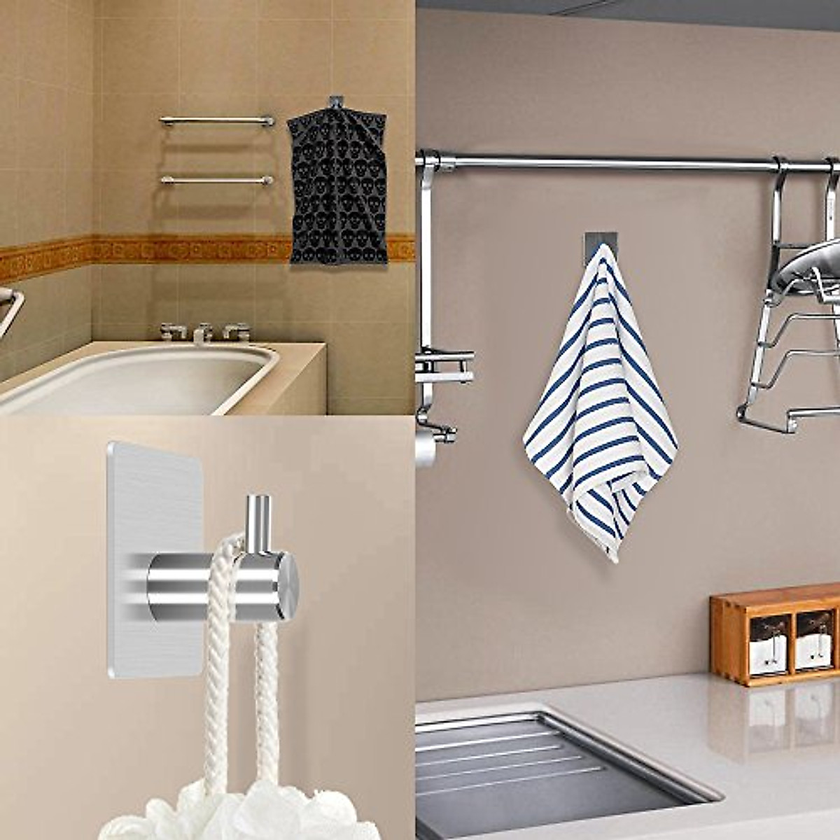 SKEMIX Self Adhesive Hooks,Heavy Duty Wall Hooks Coat Hooks Robe/Towel Hooks, 304 Stainless Steel Brushed Nickel Bathroom Kitchen Organizer (4-Pack)