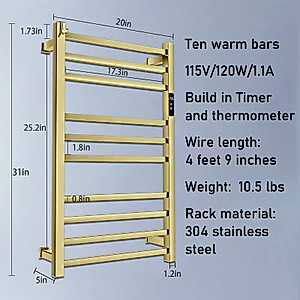 TWCC Towel Warmer Rack for Bathroom with Timer/Fahrenheit Temperature Control Wall Mounted Electric Heated 10 Bar Rail Plug-in or Hardwired Keep Bath Shower Towel Warming (Brushed Gold)